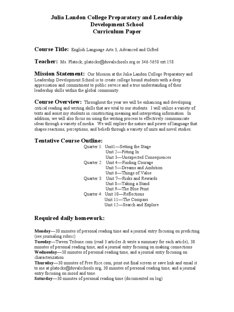Curriculum Paper | PDF | Homework | Reading (Process)