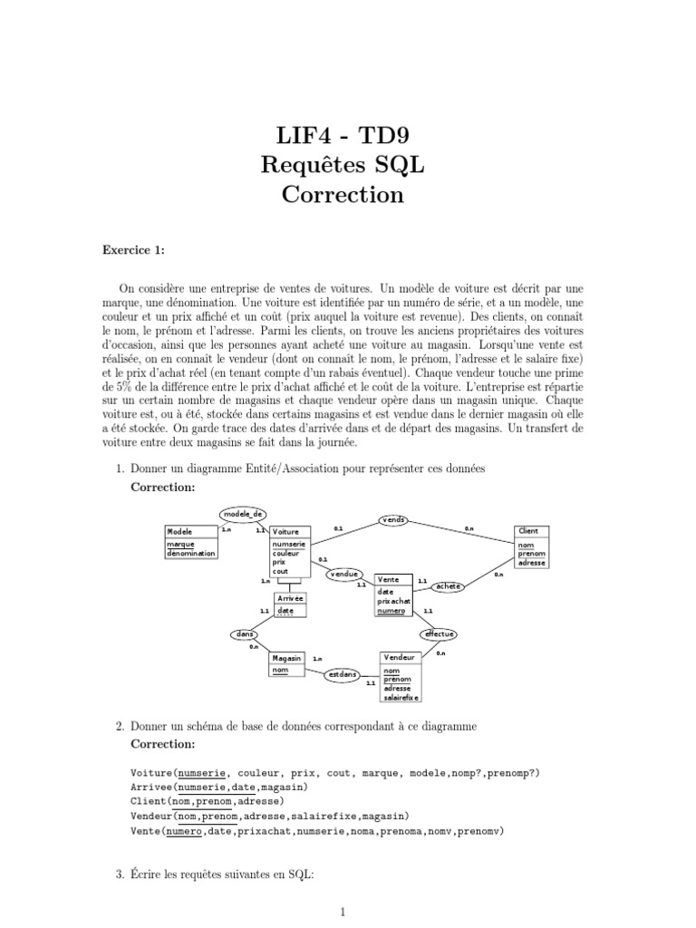Exercice Corrigé SQL 1 PDF | PDF | Base de données relationnelle | Modélisation