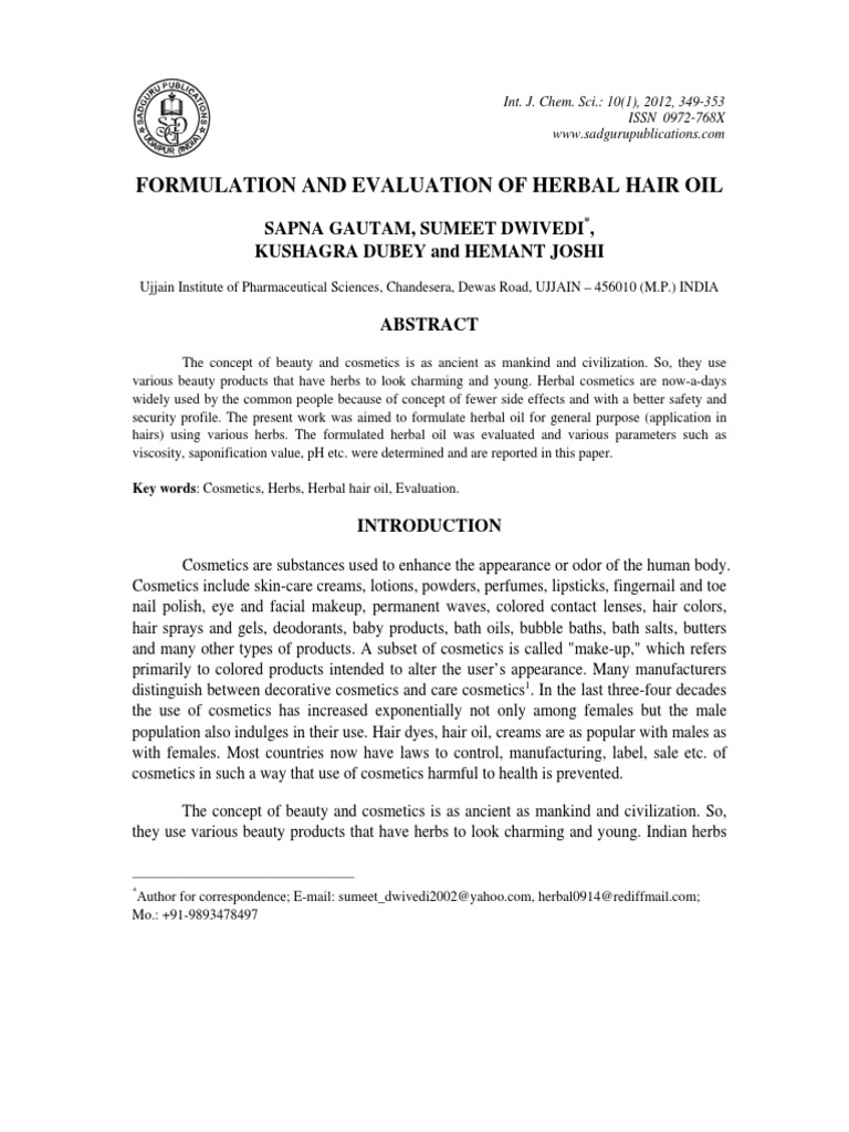 Herbal Hair Oil Formulation and Evaluation | PDF | Cosmetics | Herbalism