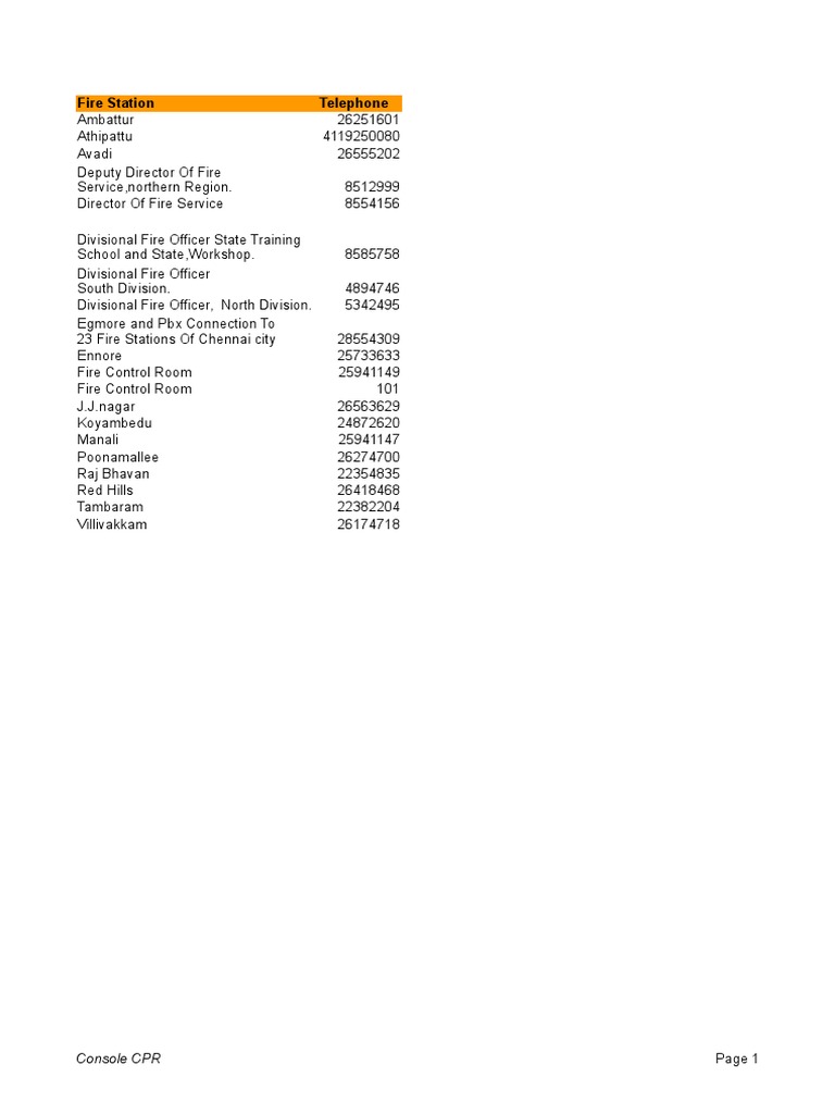 Chennai Fire Station Contact Numbers | PDF