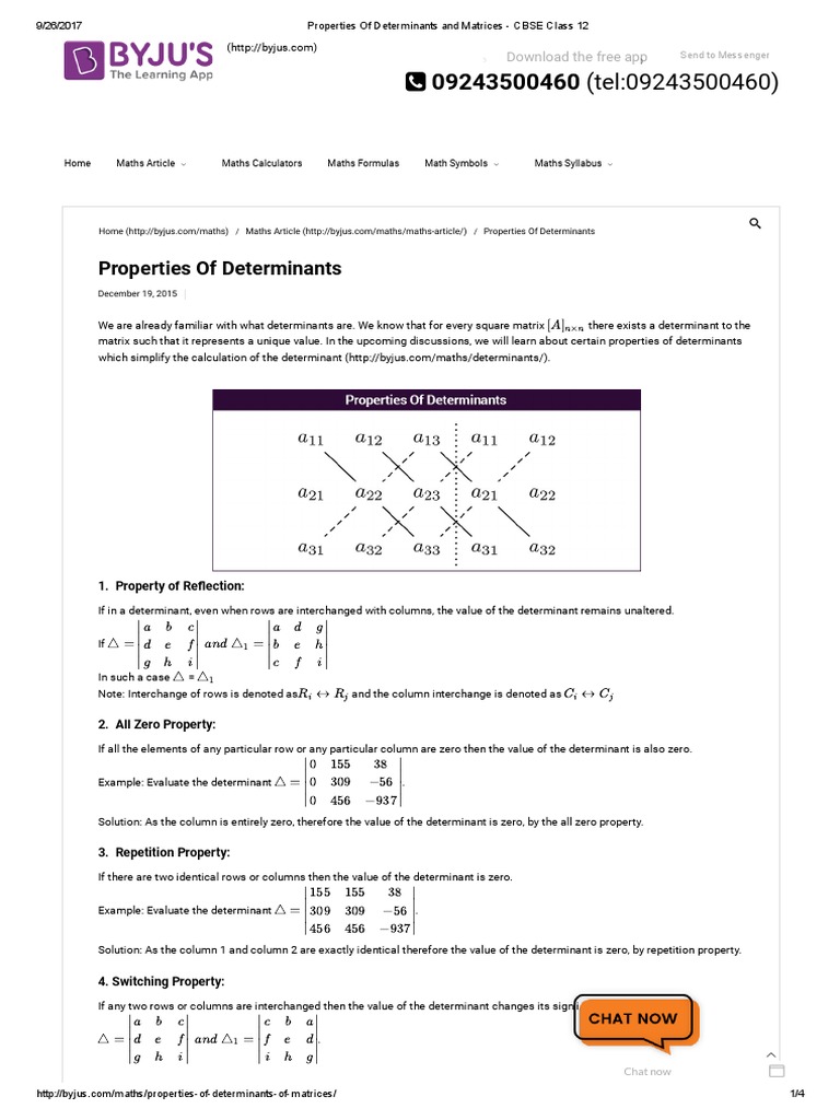 Properties of Determinants and Matrices - CBSE Class 12 | Determinant ...