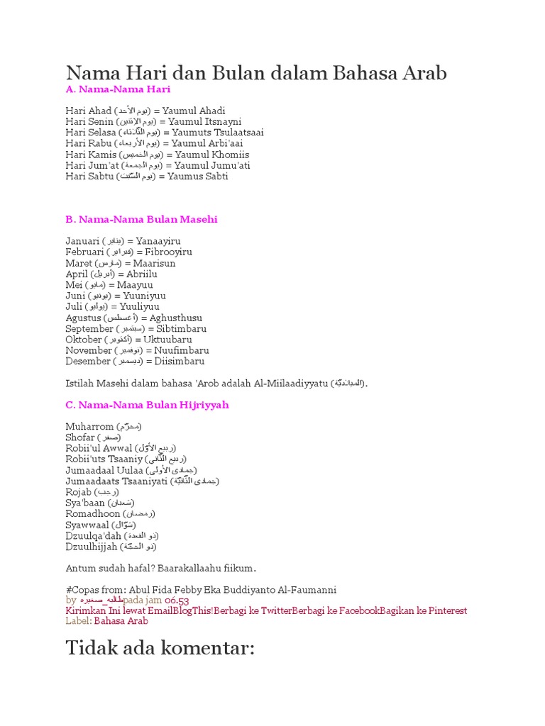 Nama Hari Dan Bulan Dalam Bahasa Arab | PDF