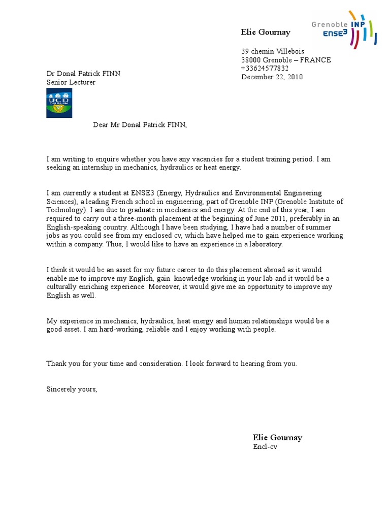 Cover Letter - Trinity College Timpersoons | PDF