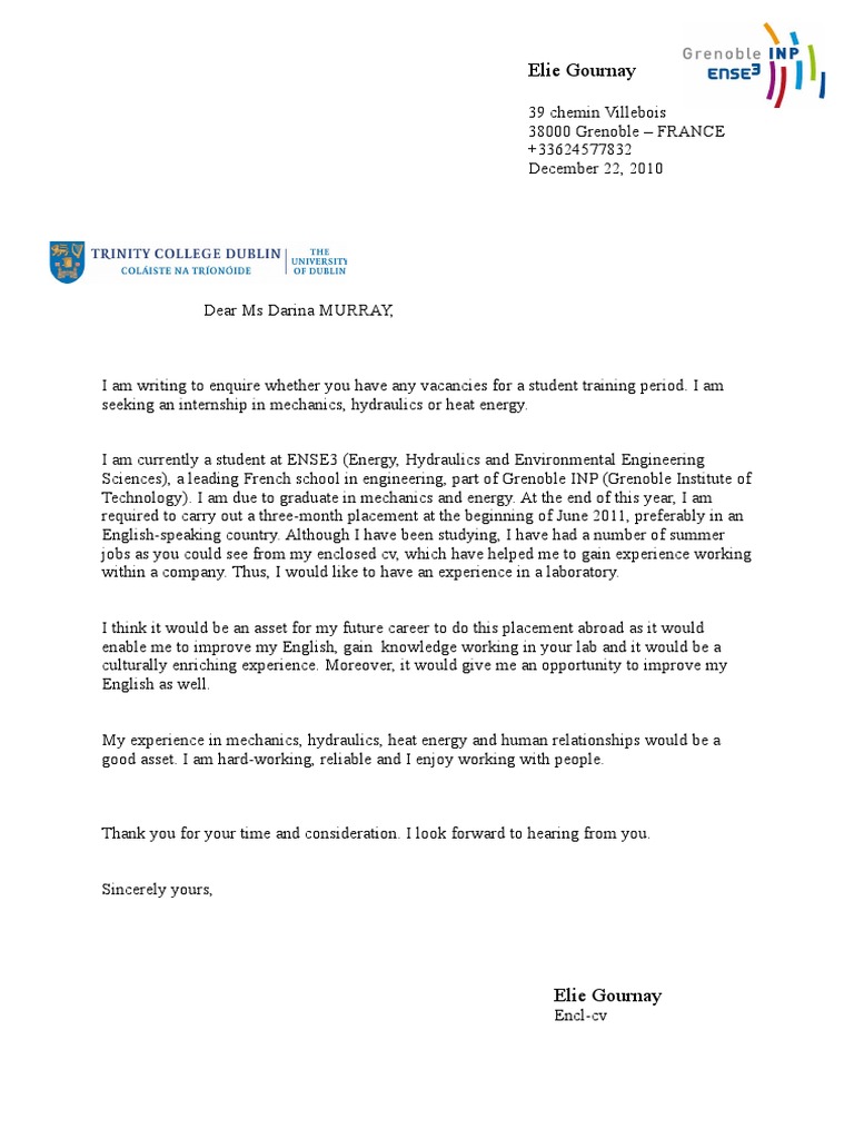 Cover Letter- Trinity College Craig Meskell | Science | Technology