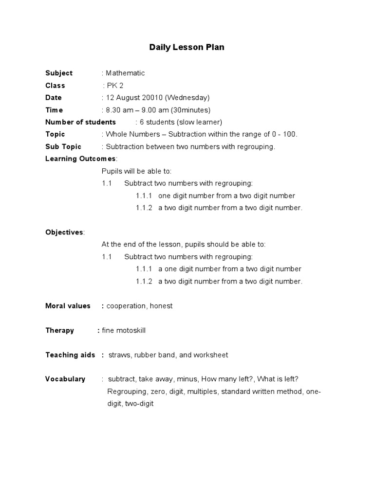 Daily Lesson Plan: Subject Class: PK 2 Date Time Number of Students ...