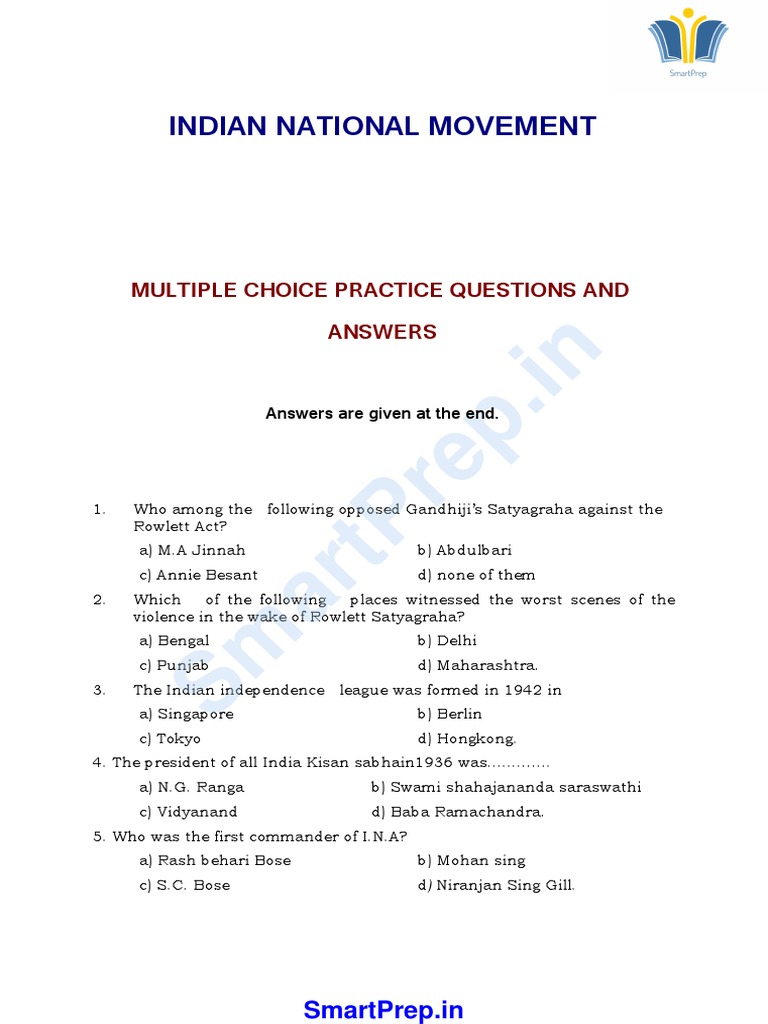 Indian National Movement Practice Questions and Answers | PDF | Indian ...