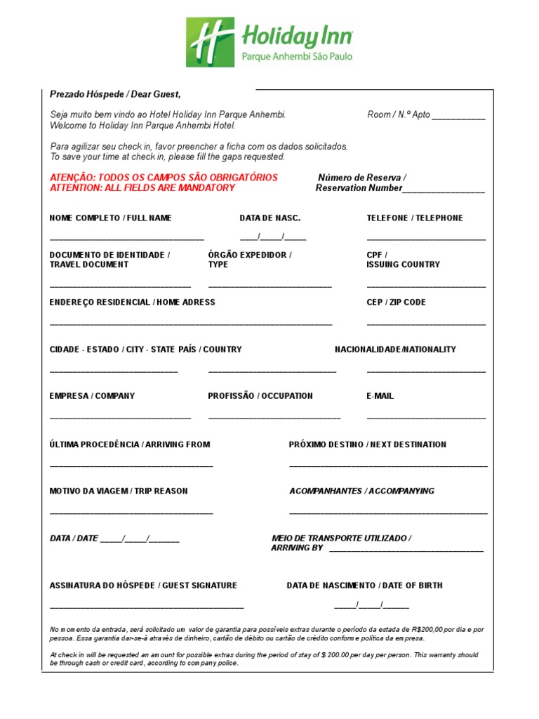 FNRH Ficha Nacional de Registro de Hospedes | PDF | Turismo e lazer | Science