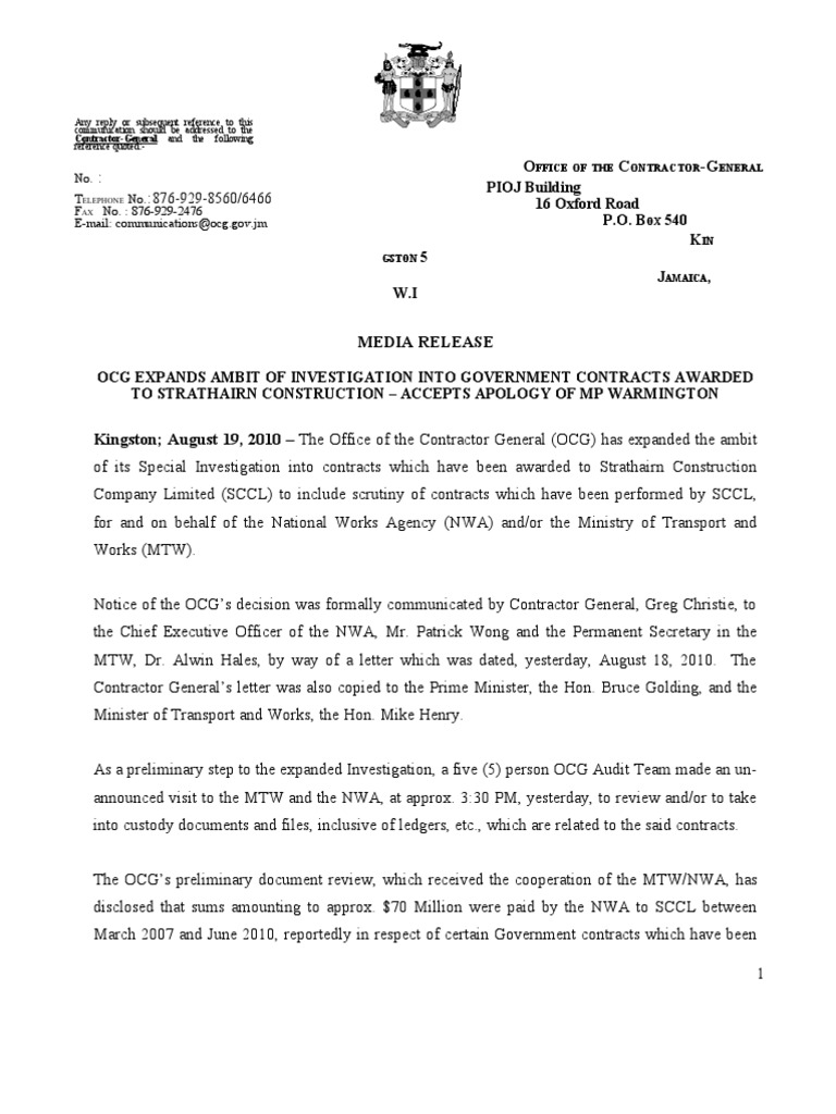 OCG Media Release - OCG Expands Ambit of Investigation - Strathairn ...