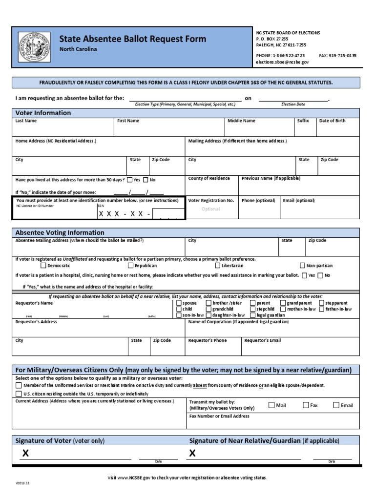 NC Absentee Ballot Request Form | PDF | Absentee Ballot | Voter ...