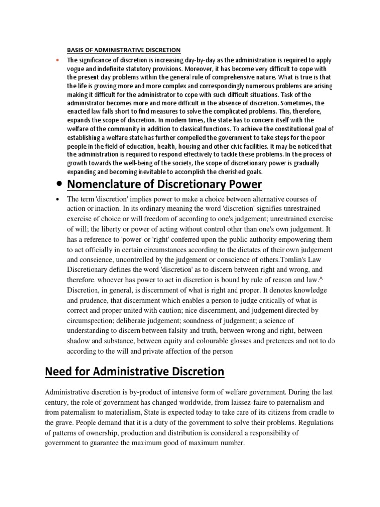 Nomenclature of Discretionary Power: Need For Administrative Discretion ...