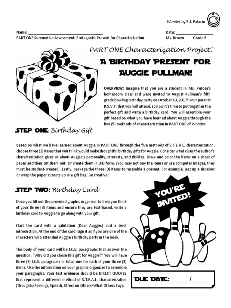 Wonder - Part One - Summative Project - Characterization Protagonist ...