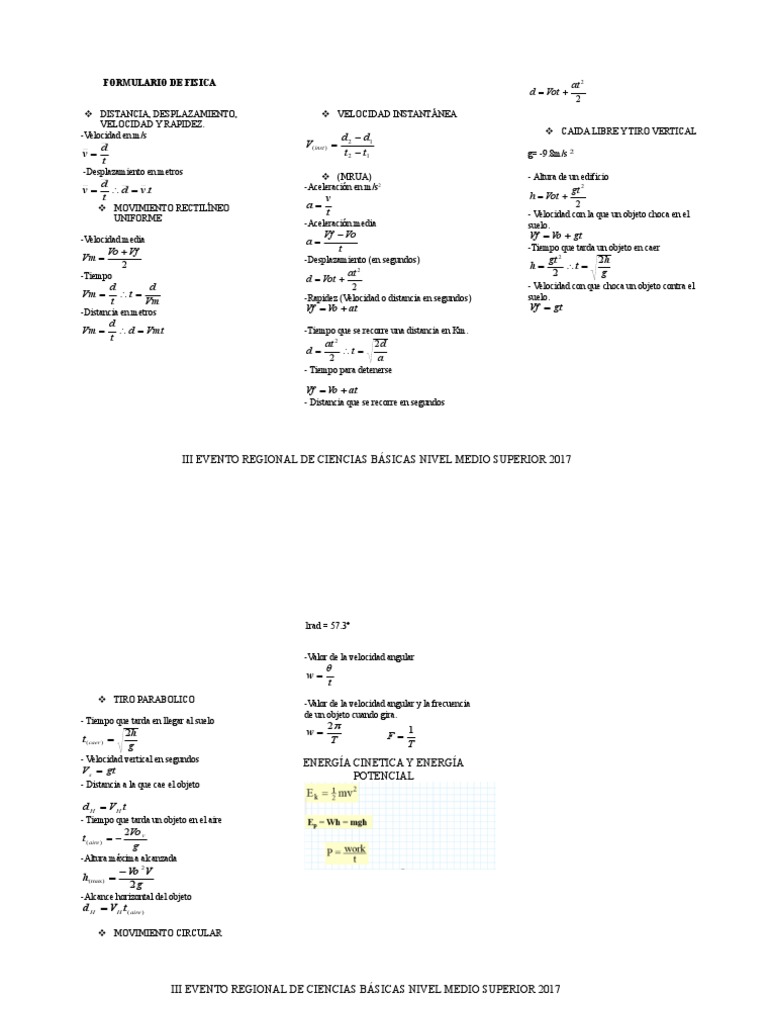 formulario fisica 1 bachiller.doc | Movimiento (física) | Velocidad