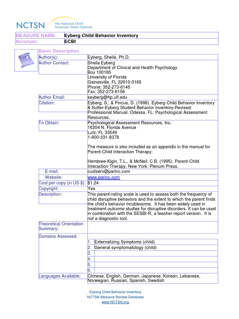 Eyberg Child Behavior Inventory | Validity (Statistics) | Race And ...