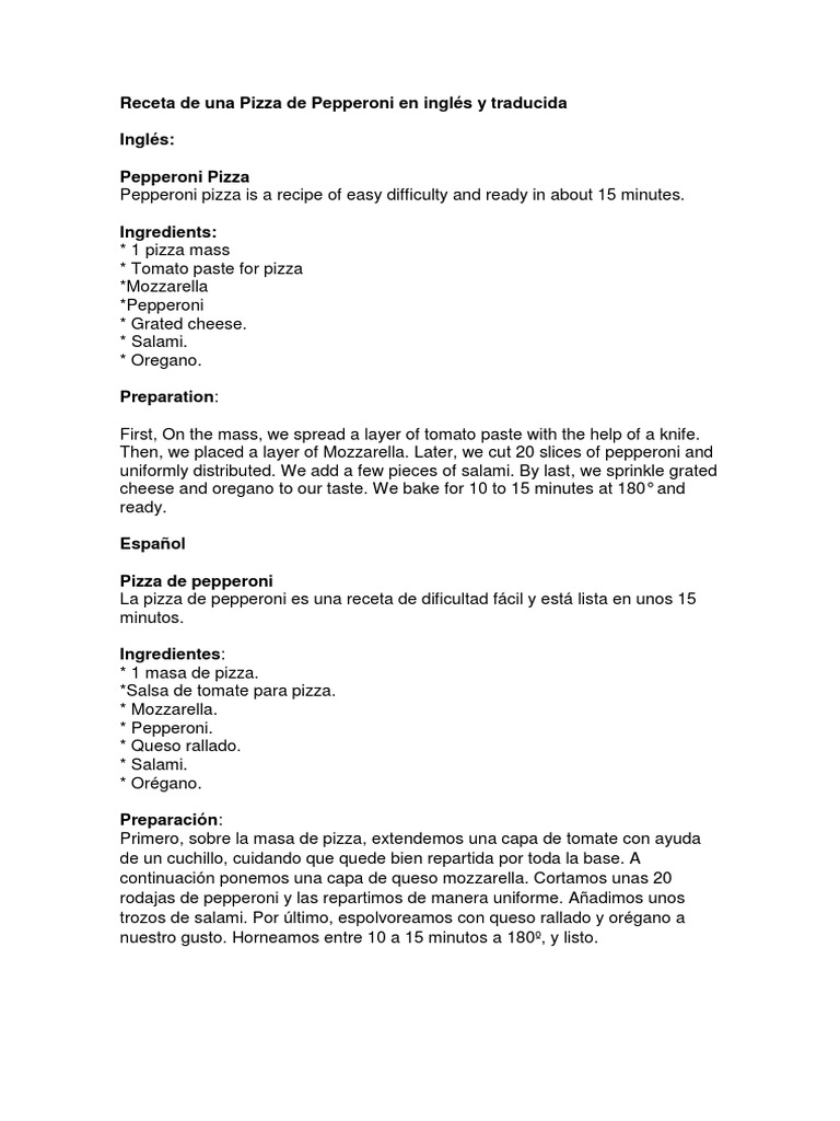 Receta de Pizza de Pepperoni en Inglés | PDF
