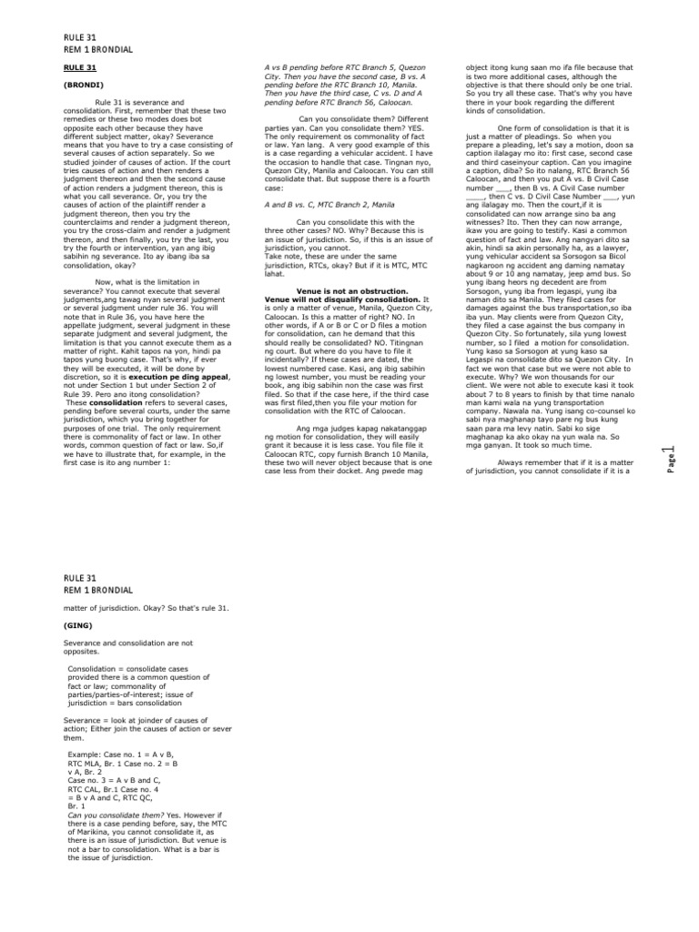Understanding Rule 31: Severance vs. Consolidation | PDF | Lawsuit ...