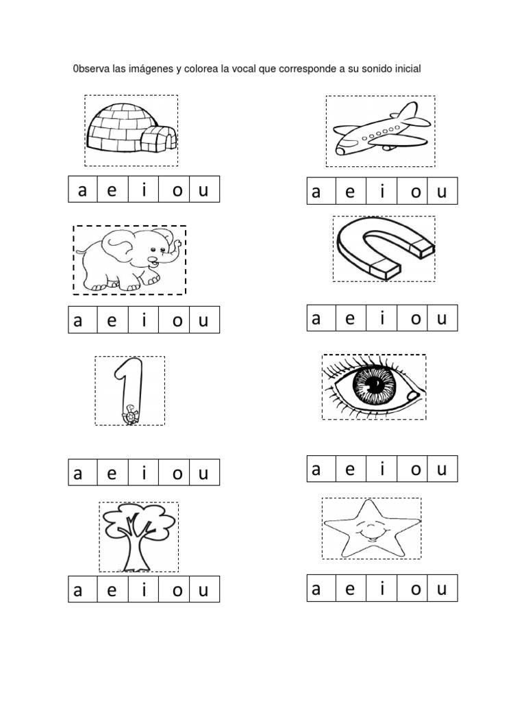 0bserva Las Imágenes y Colorea La Vocal Que Corresponde A Su Sonido ...