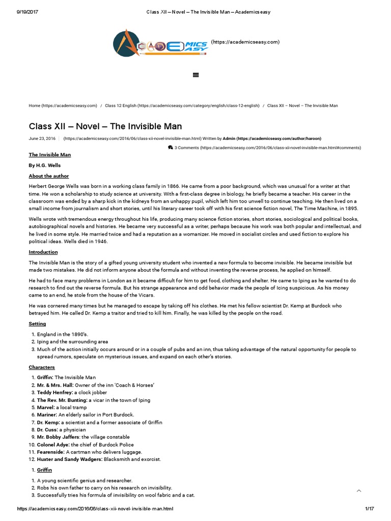 Class XII - Novel - The Invisible Man - Academicseasy | PDF | The ...