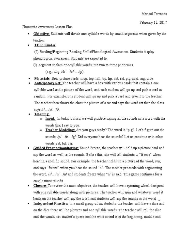 Kinder Phonemic Awareness Plan | PDF | Syllable | Lesson Plan