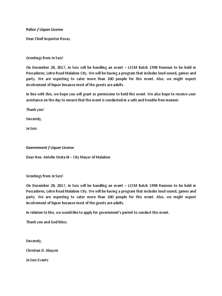 Liquor License Request for Reunion Event | PDF