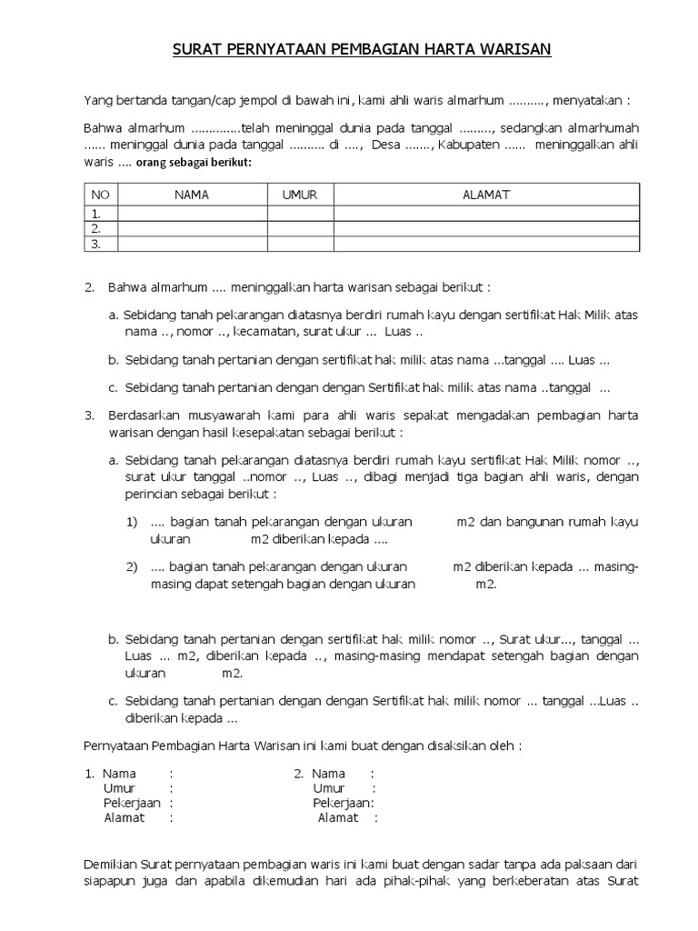 Form Surat Pembagian Warisan | PDF | Kajian Bahasa Asing | Griya & Taman