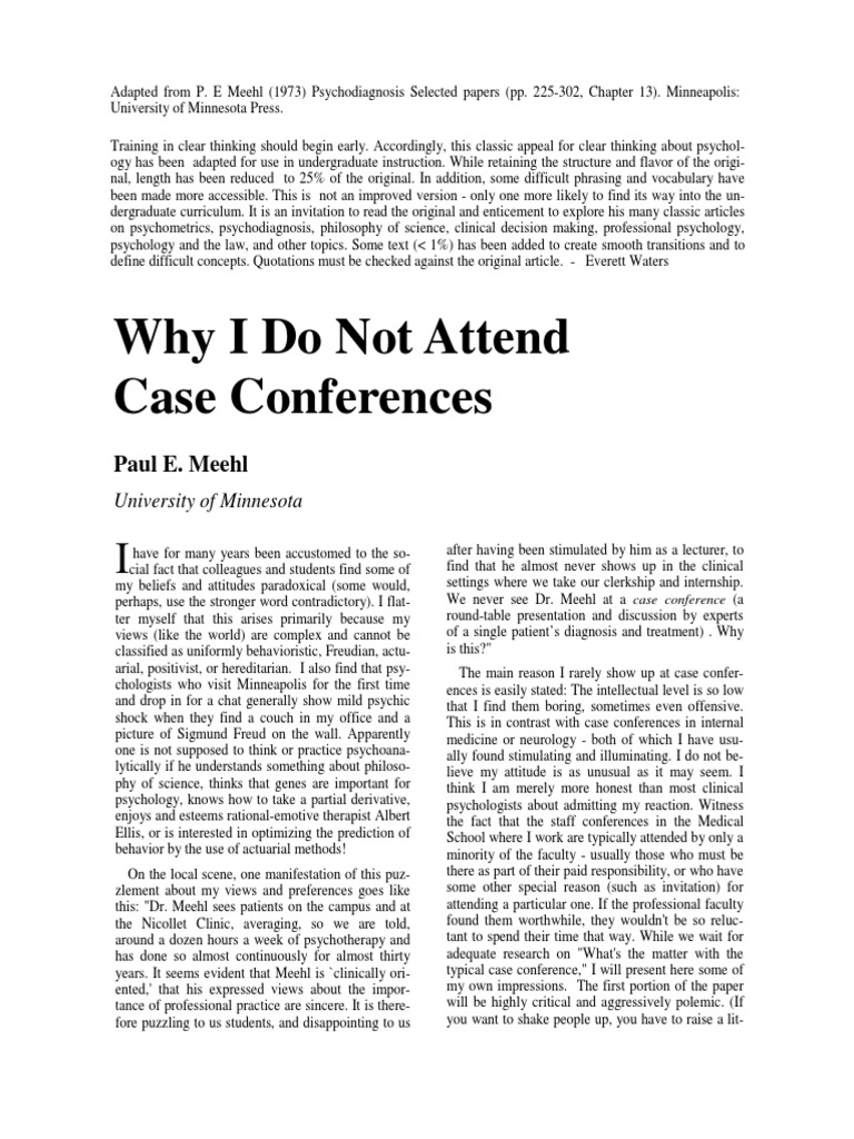 Why I Do Not Attend Case Conferences P Meehl | Clinical Psychology ...
