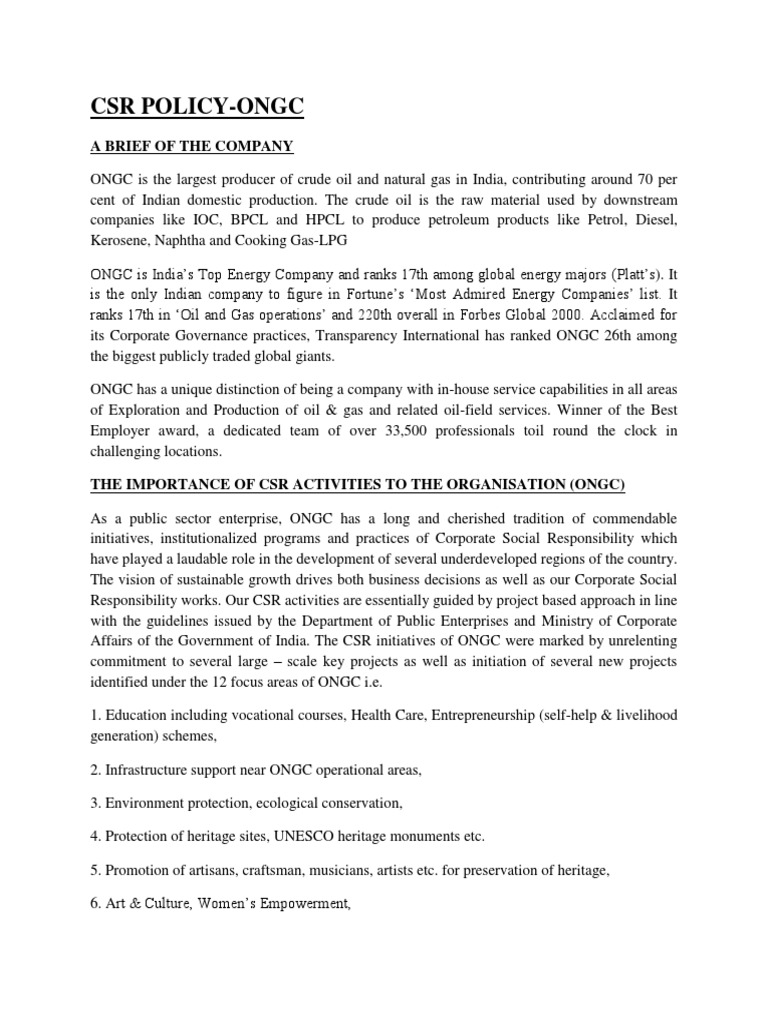 Ongc CSR Policy | PDF | Corporate Social Responsibility | Empowerment
