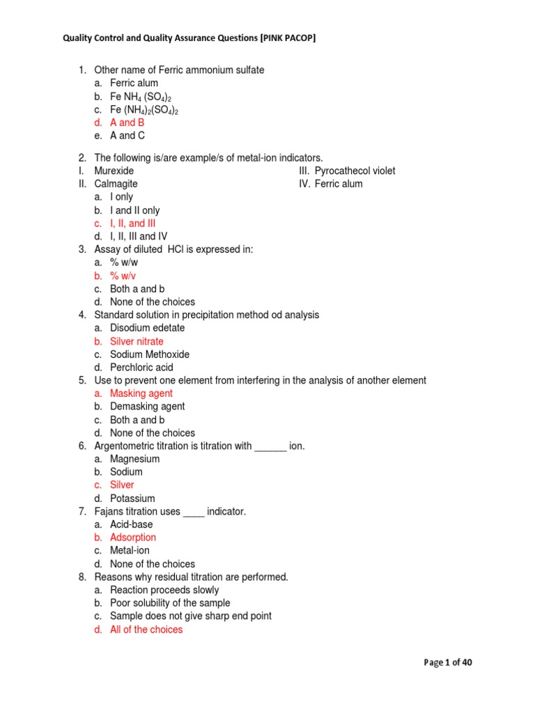 Quality Control Answer Key PINK PACOP | PDF | Titration | Chemistry