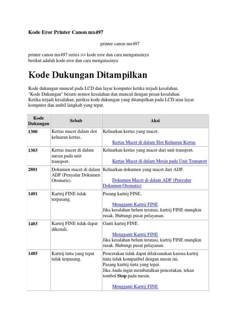 Kode Eror Printer Canon Mx497 | PDF