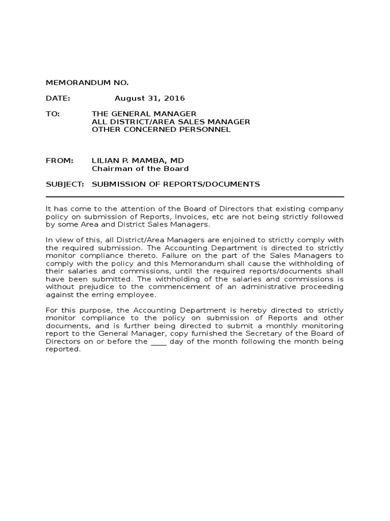 Memo Submission Of Required Reports Government Politics