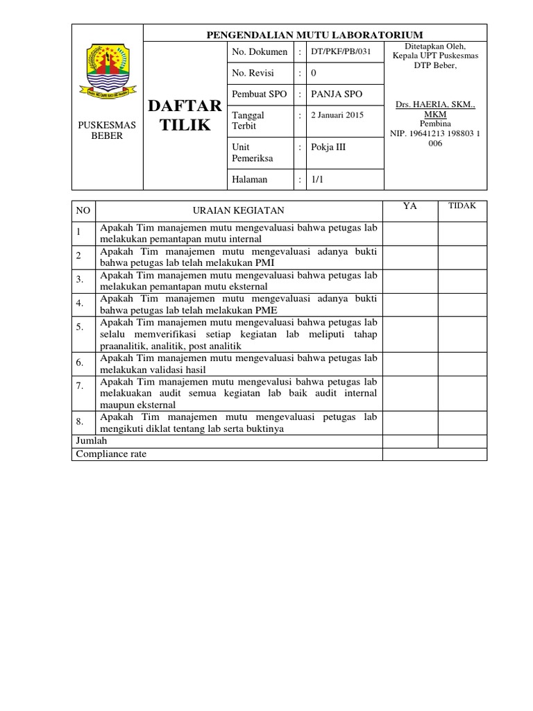 Daftar Tilik Pengendalian Mutu Laboratorium | PDF