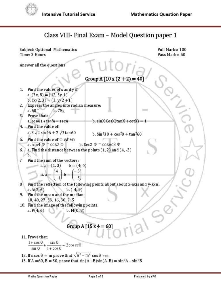 Its Class 8 Optional Maths Model Question Paper 1 | PDF | Trigonometric ...