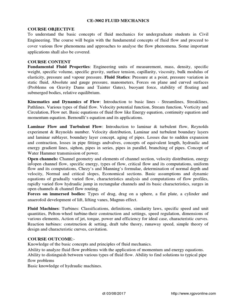 RGPV Syllabus Cbgs Ce 3002 Fluid Mechanics | PDF | Fluid Dynamics | Reynolds Number