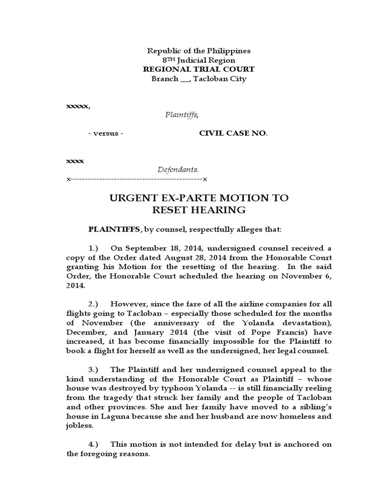 Sample Motion To Reset Hearing | PDF | Separation Of Powers | Judiciaries