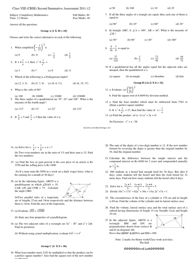 Class 8 Maths Second Term Paper | PDF | Rectangle | Euclidean Geometry