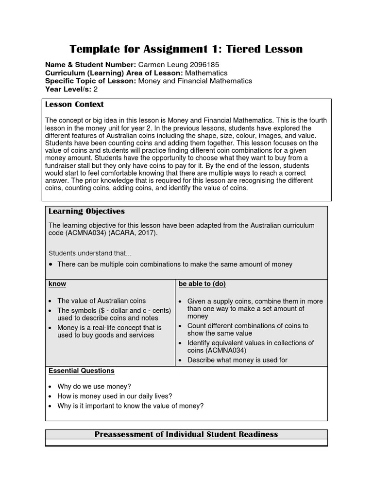 Template For Assignment 1: Tiered Lesson | PDF | Lesson Plan ...