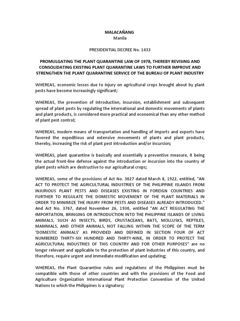 PD 1433 - Plant Quarantine Decree | PDF | Quarantine | Agriculture
