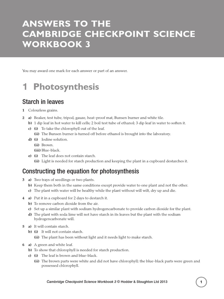 1 Photosynthesis: Answers To The Cambridge Checkpoint Science Workbook ...