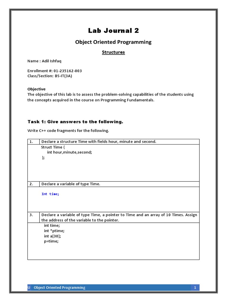 Lab Journal 2: Object Oriented Programming | PDF | Pointer (Computer Programming) | Integer ...