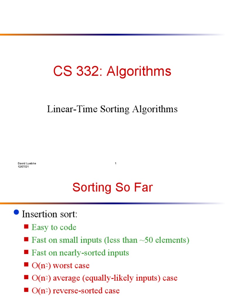 Cs 332 Algorithms Linear Time Sorting Algorithms Pdf Arithmetic 6080