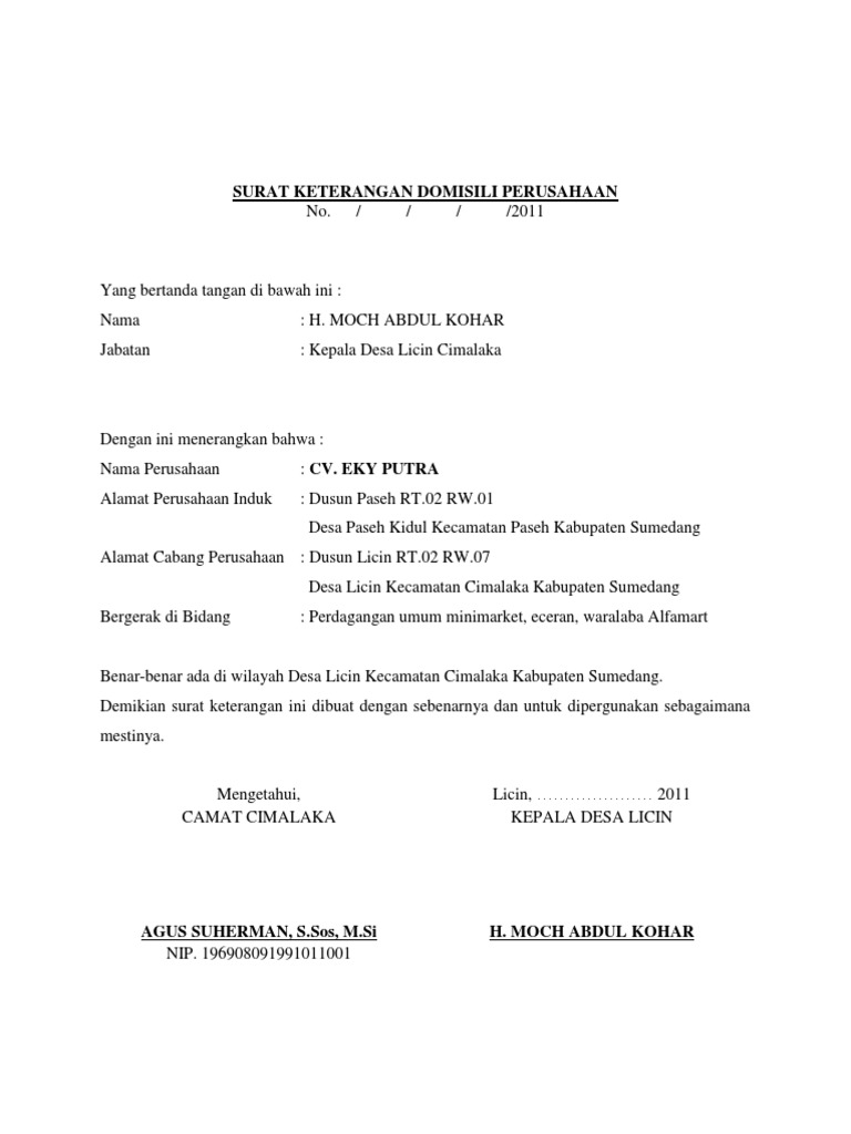 Surat Keterangan Domisili CV. Eky Putra | PDF
