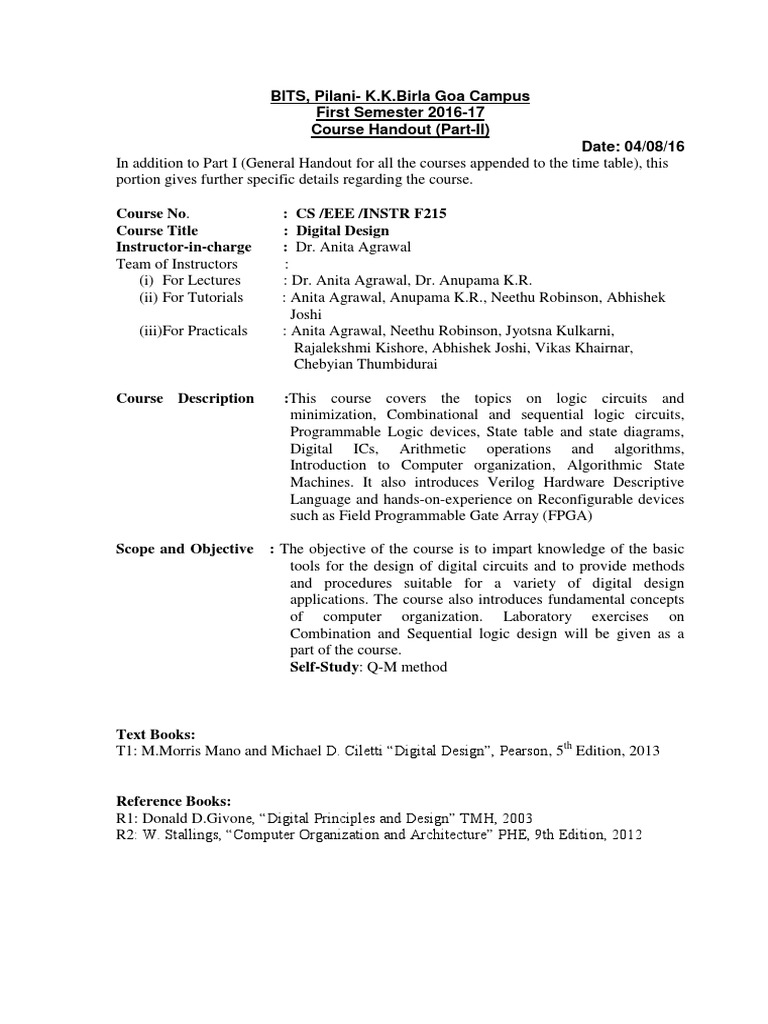 Digital Design Course Handout for BITS Pilani-K.K.Birla Goa Campus Provides Details on Content ...