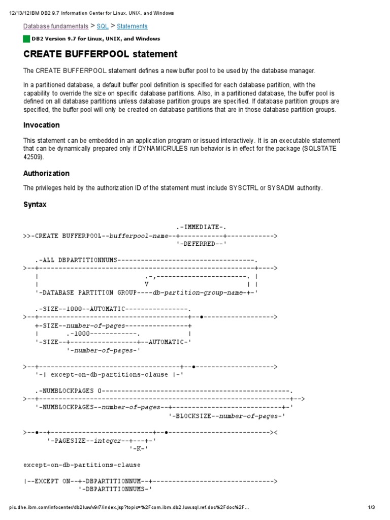 CREATE BUFFERPOOL Statement: Invocation | PDF | Ibm Db2 | Databases