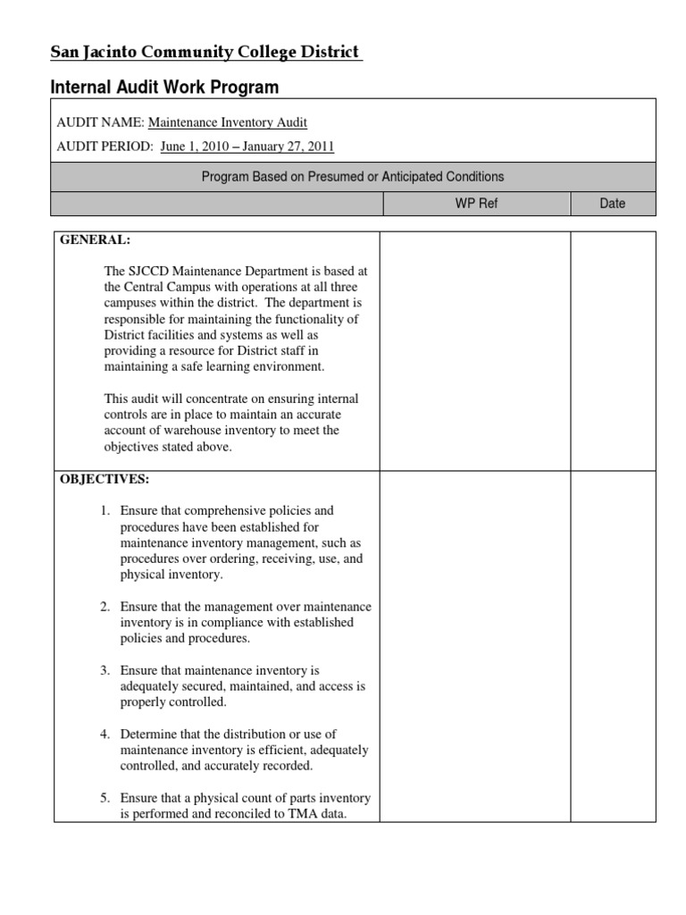 Maintenance Inventory Audit Program | Audit | Auditor's Report