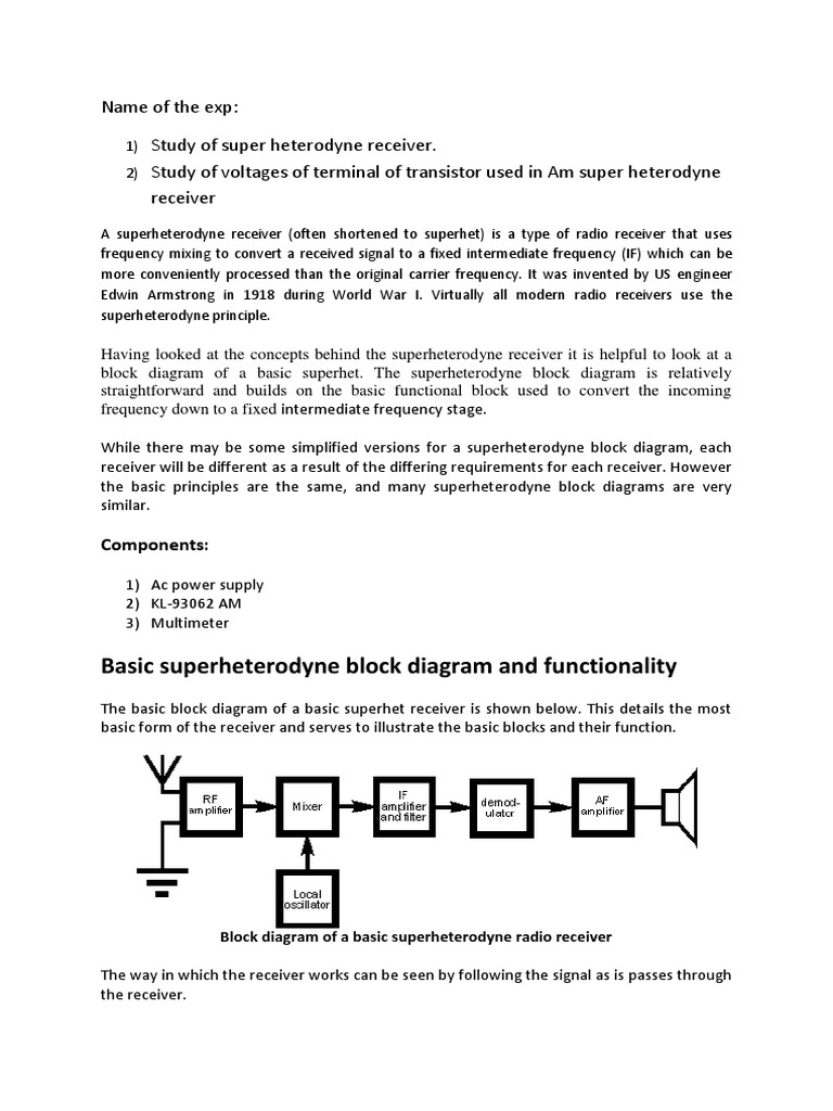 Basic Superheterodyne Block Diagram and Functionality | PDF | Detector ...