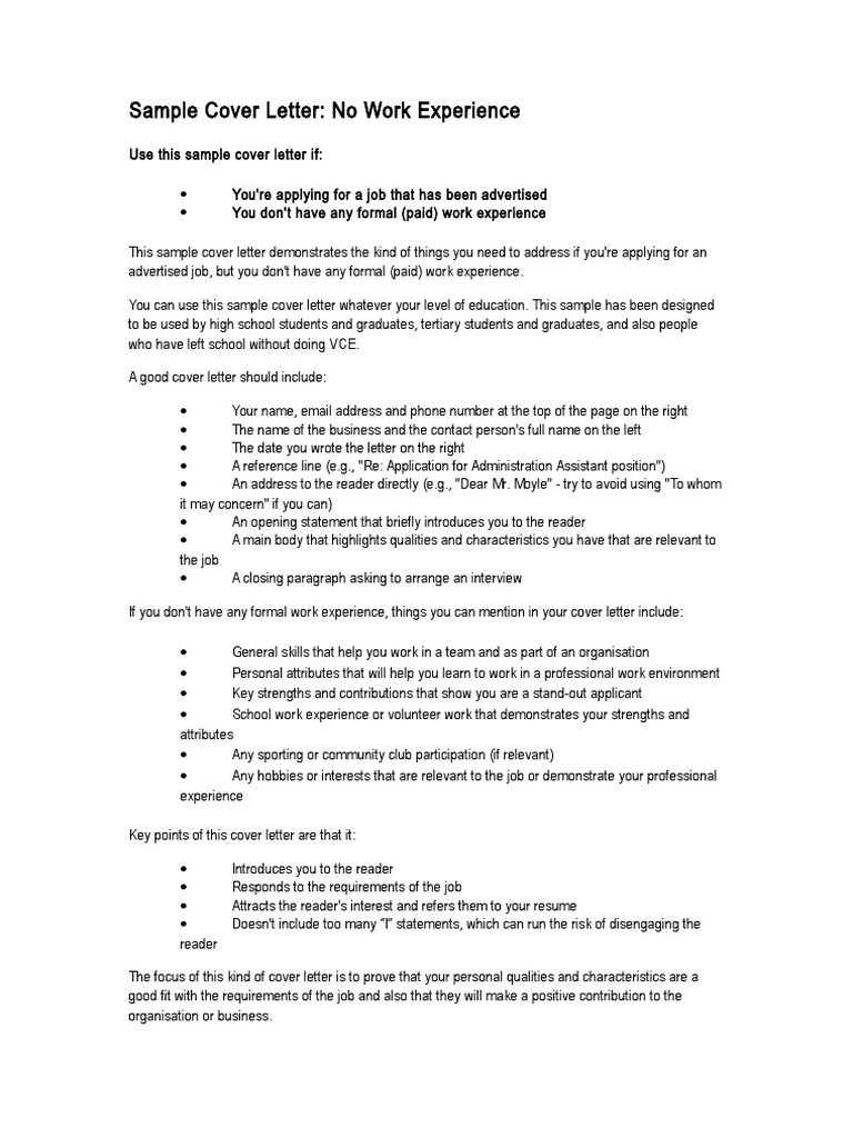 Sample Cover Letter: No Work Experience | PDF | Volunteering | Cognition