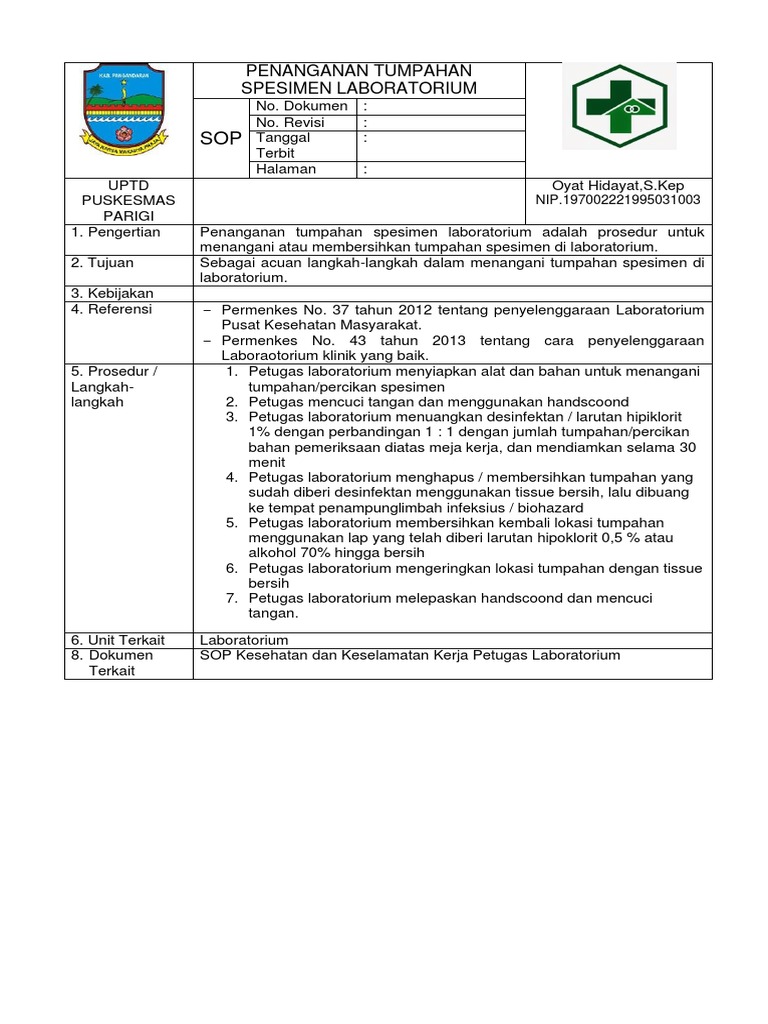 SOP Penanganan Tumpahan Spesimen Laboratorium | PDF