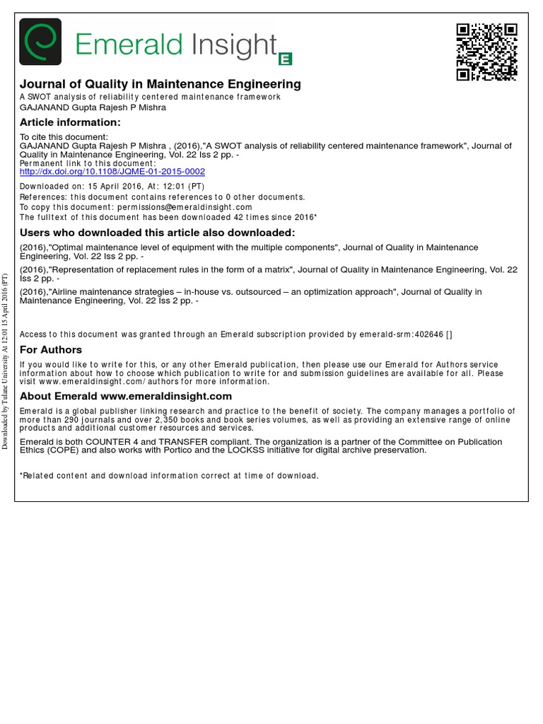 A SWOT Analysis of Reliability Centered Maintenance Framework | PDF ...