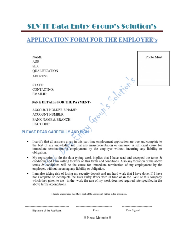 SLV IT Data Entry Group's Solution's: Application Form For The Employee ...