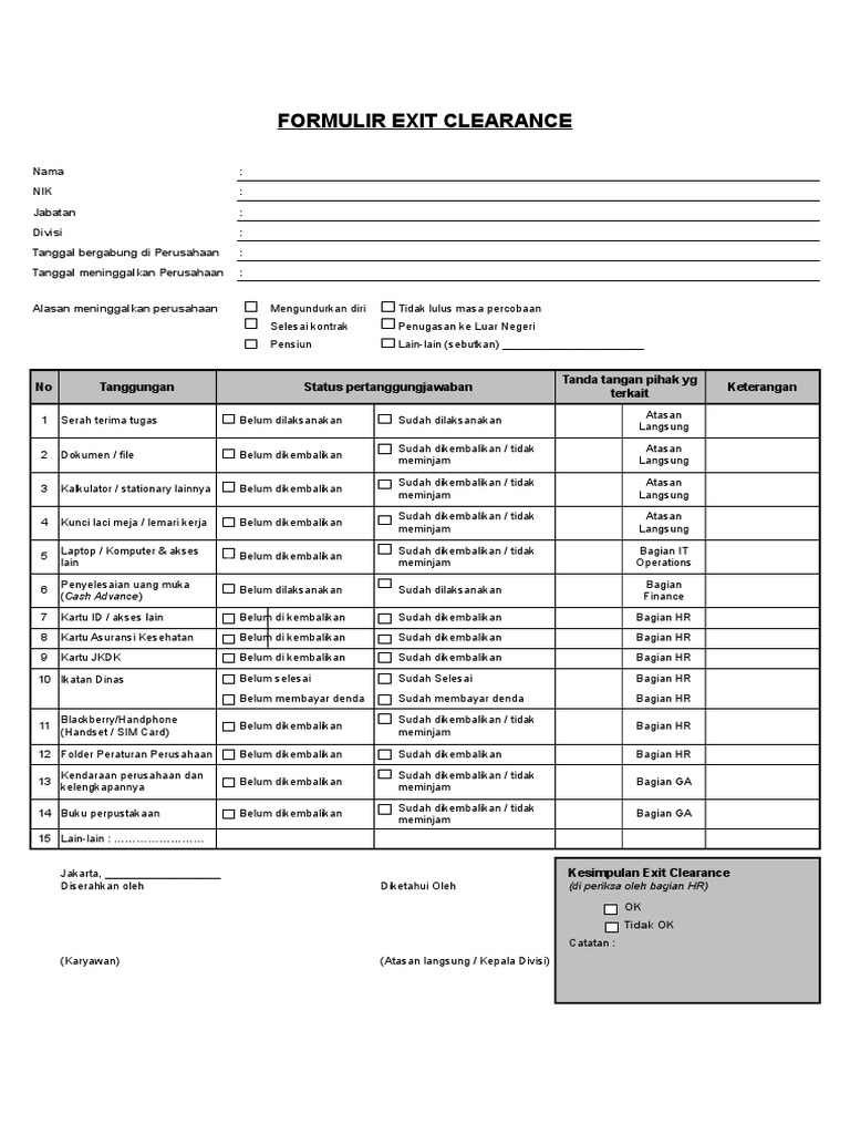 Formulir Exit Clearance Karyawan | PDF