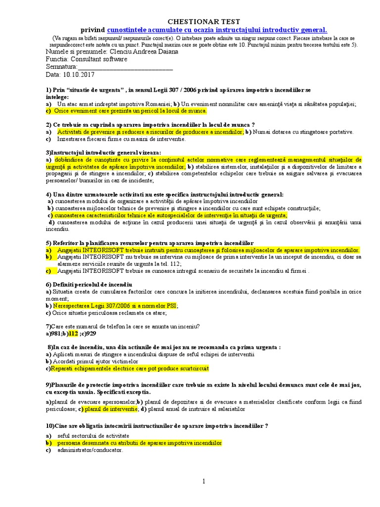 Chestionar Testare Instr. Intr. - Gen. SU &PSI | PDF
